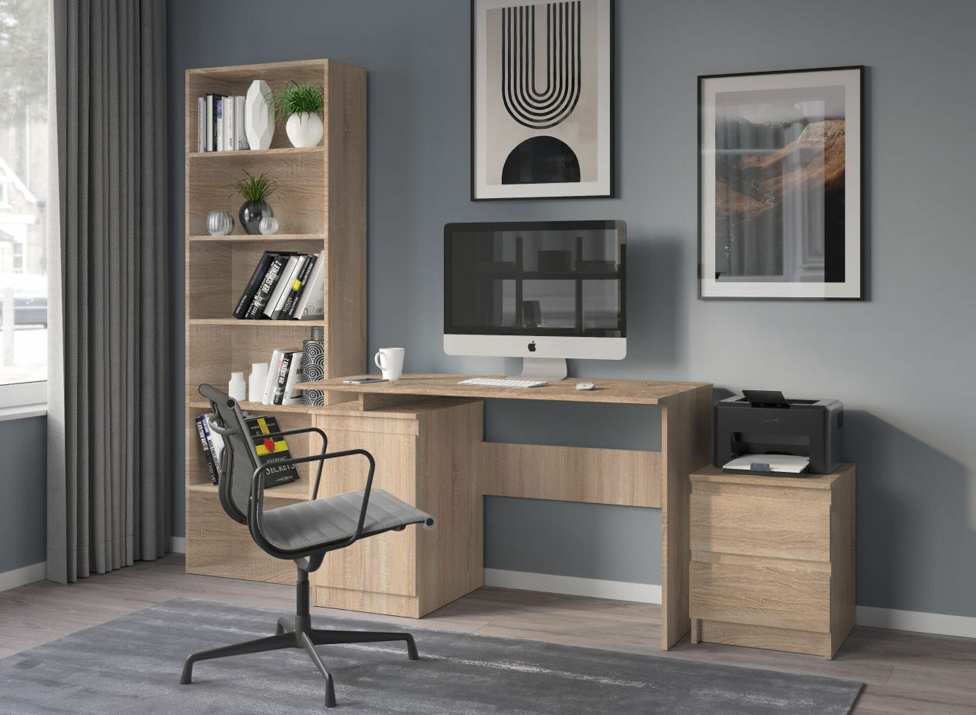 Офисная мебель, стол компьютерный письменный, стеллаж, комод STERN, Дуб Сонома, (ШхВхГ) 200,2х181х590 см