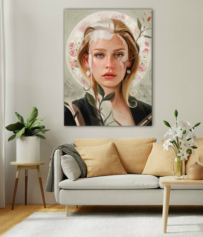 Интерьерная картина на холсте "Арт портрет девушки в цветах" размер 45x60 см