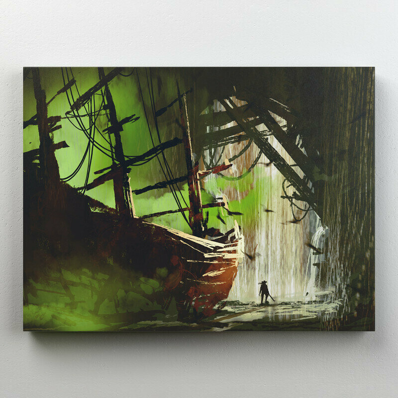 Интерьерная картина на холсте "Разбитый корабль в гроте" размер 30x22 см