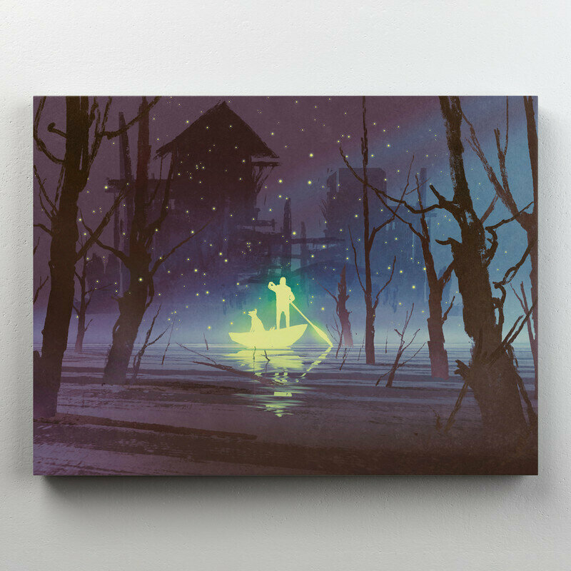 Интерьерная картина на холсте "Человек в лодке с собакой плывет по затопленному городу" размер 30x22 см