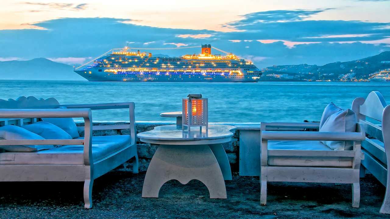 Картина на холсте 110x60 LinxOne "Греция отдых огни горы стол" интерьерная для дома / на стену / на кухню / с подрамником