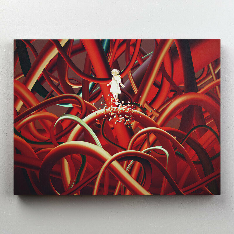 Интерьерная картина на холсте "Девочка в белом летает в между красными трубками" размер 30x22 см