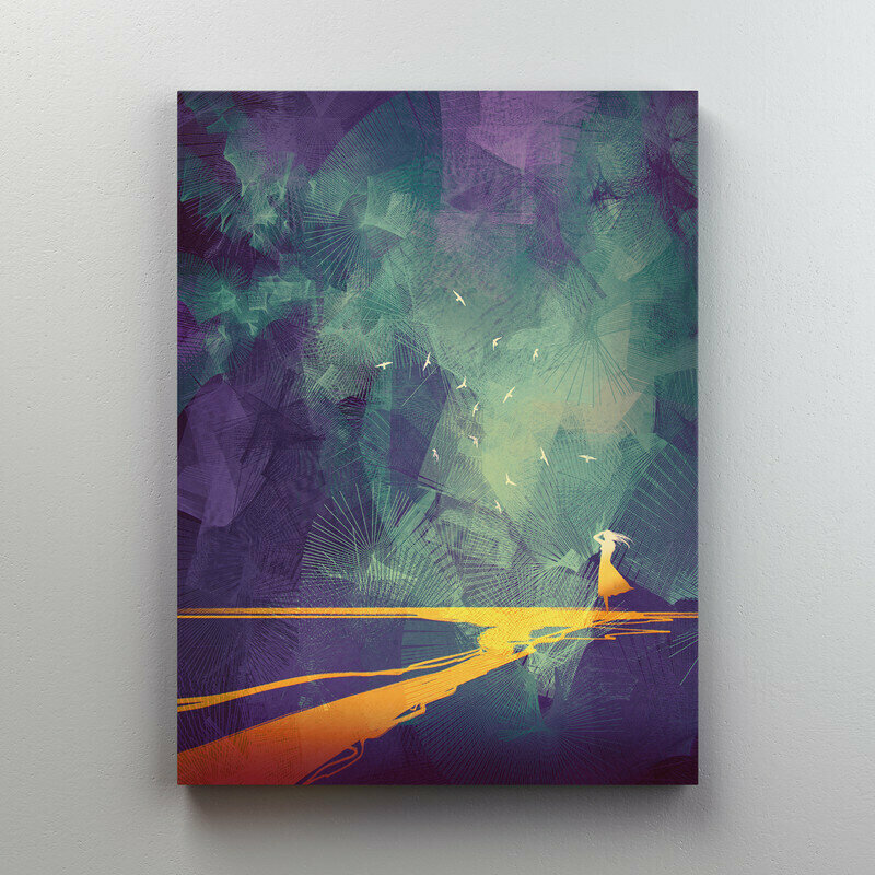 Интерьерная картина на холсте "Женщина, стоящая на желтой линии на против неба - арт" размер 30x40 см