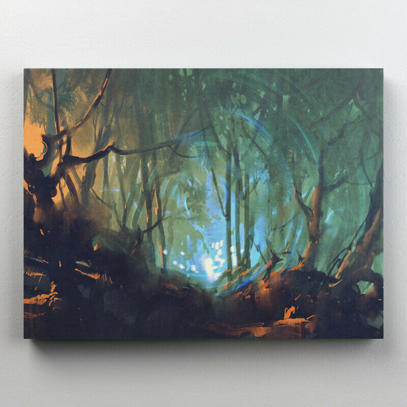 Интерьерная картина на холсте "Темный лес с голубым сиянием" размер 30x22 см