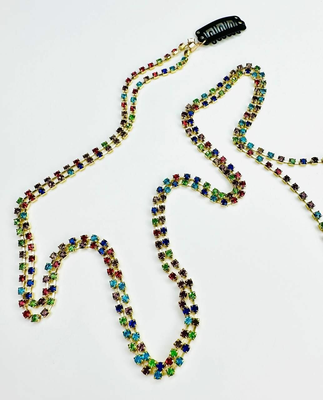 Вечернее украшение для прически. Стразы для волос на заколке, длинные золотые с разноцветными камнями стразы для волос.