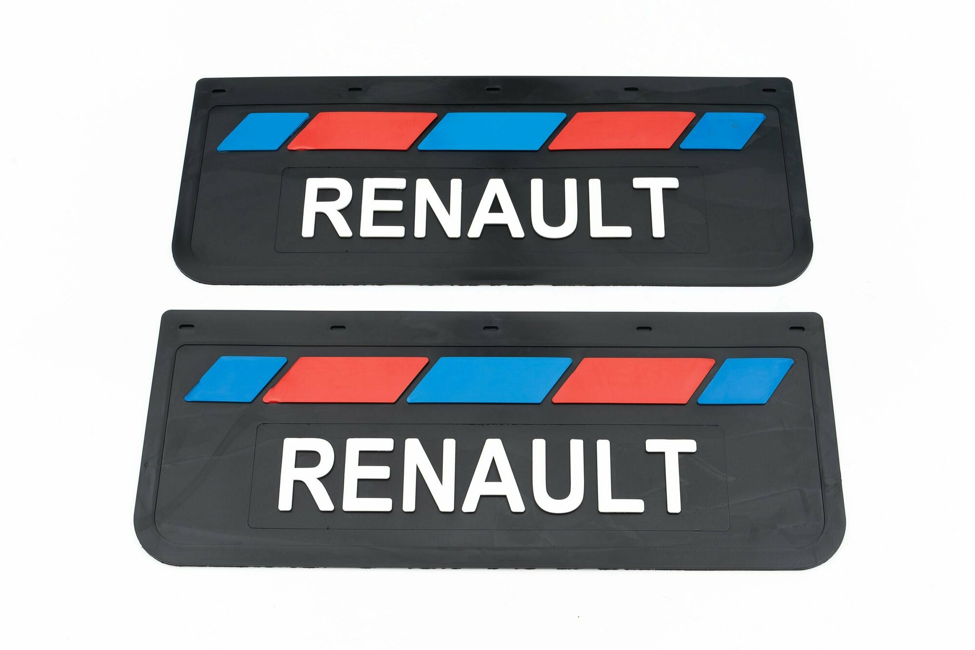 Брызговики задние для грузовика RENAULT черная резина LUX PRO с белой надписью и красно-синей полосой 670*270