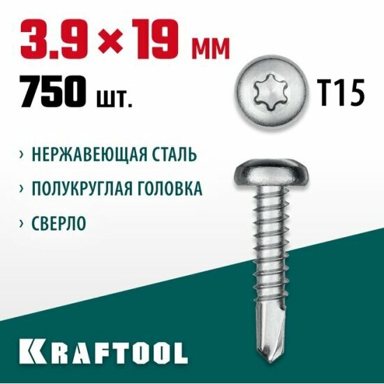 Нержавеющие саморезы DS-P с полукруглой головкой Kraftool 19 х 3.9 мм, 750 шт, 300931-39-019