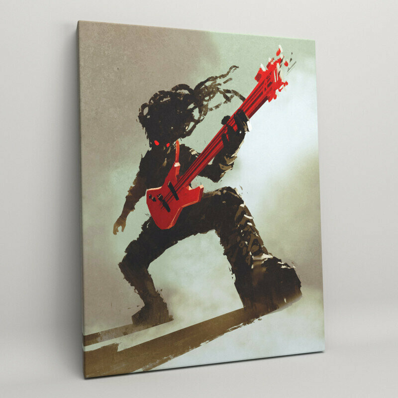 Картина на холсте (интерьерный постер) "Опасный гитарист с красной гитарой", с деревянным подрамником, размер 22x30 см