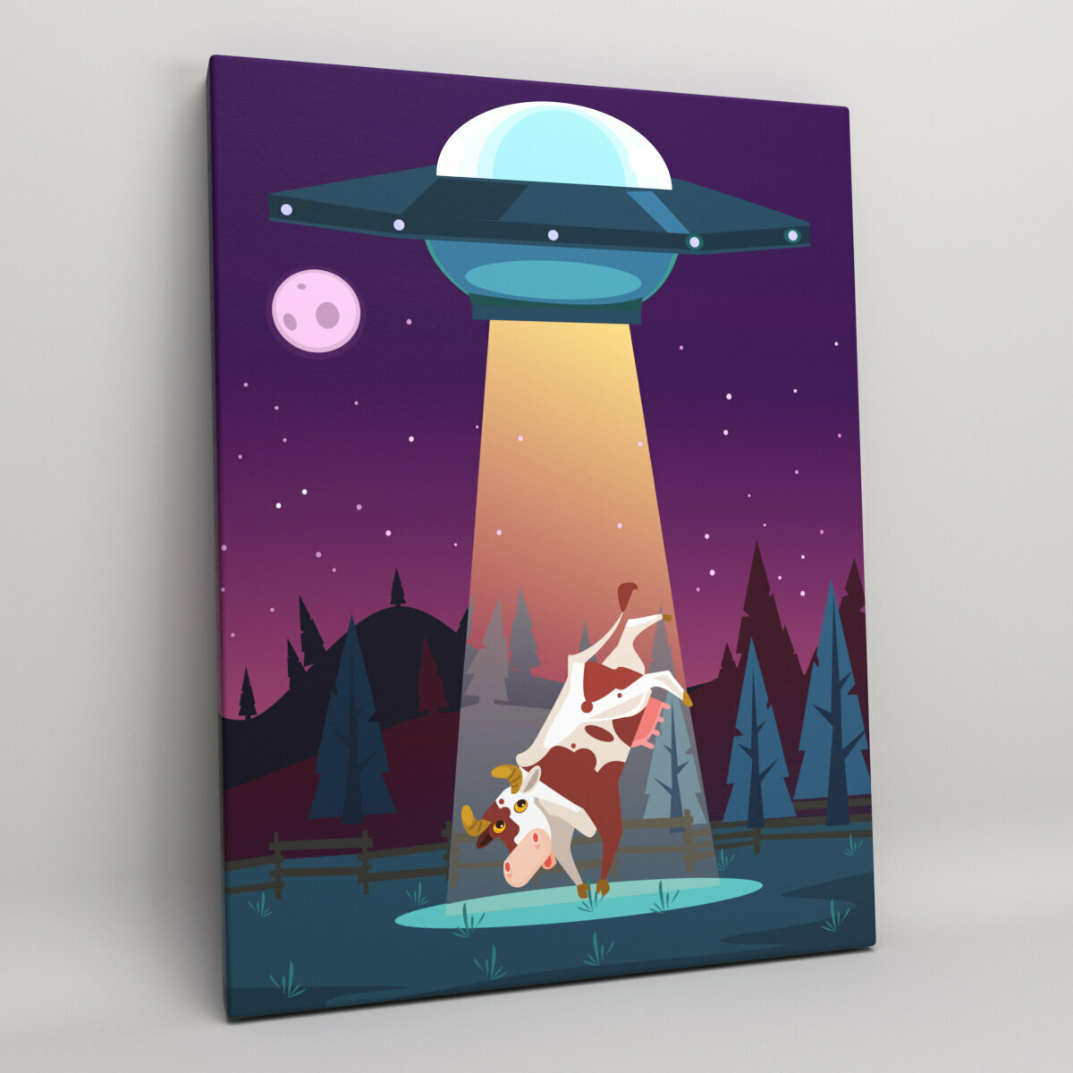 Картина на холсте (интерьерный постер) "НЛО похищает корову" арт, с деревянным подрамником, размер 30х40 см
