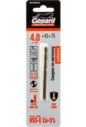 Сверло по металлу спиральное 4х43х75 мм GEPARD HSS-Co (GP1440-075)
