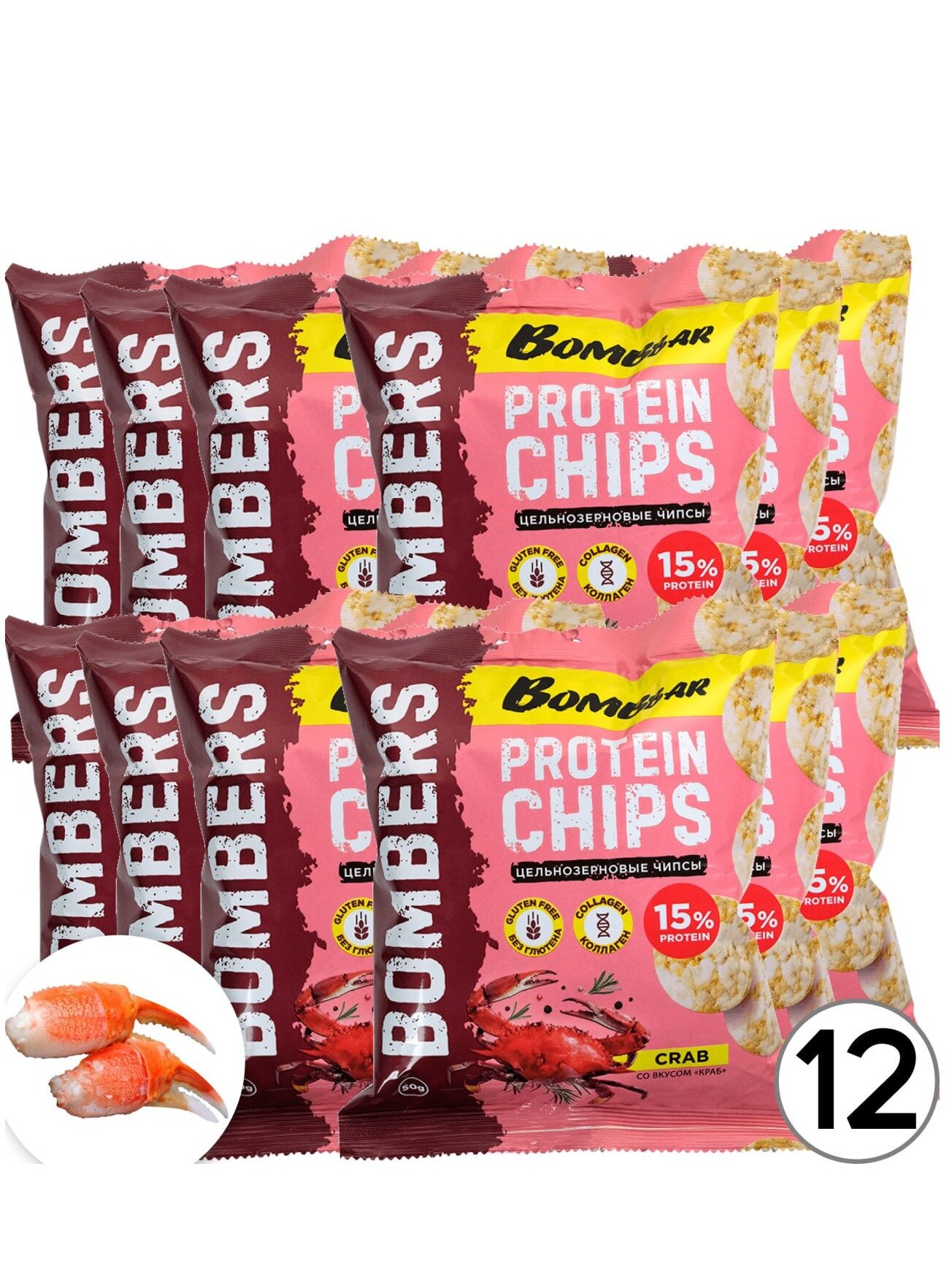 Чипсы BombBar Protein Chips 12 x 50 г, Краб