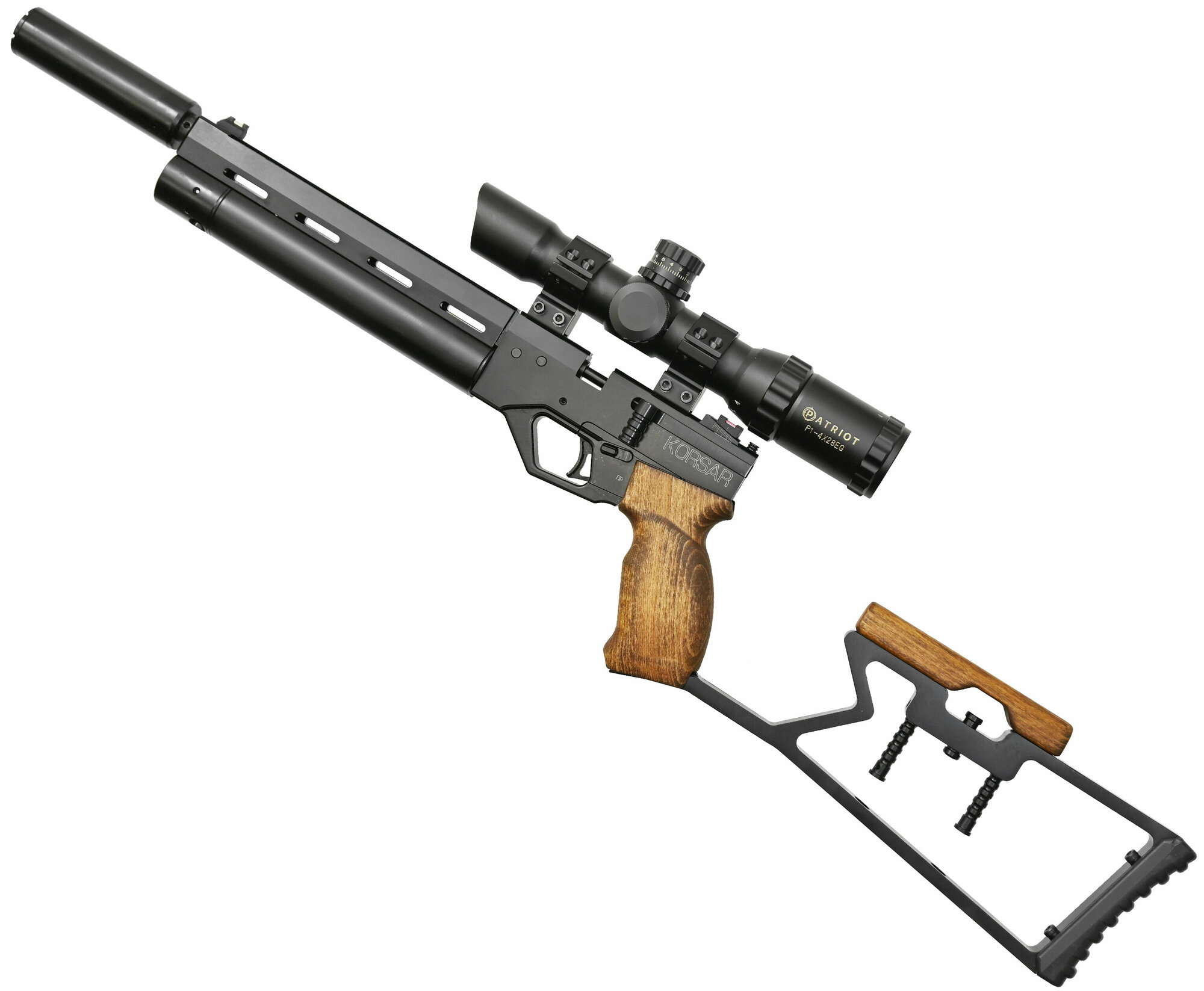 Пневматический пистолет Krugergun Корсар 6.35 мм (240 мм, D32, с манометром, приклад, дерево, редуктор)