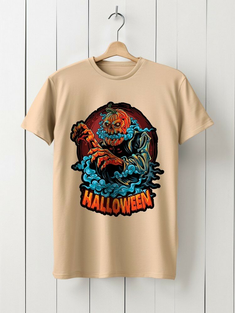 Футболка Футболка унисекс бежевая из хлопка с DTF принтом Хеллоуин Тыквоголовый (Рэтро плакат, винтаж, осень, подарок, Helloween) - 9435
