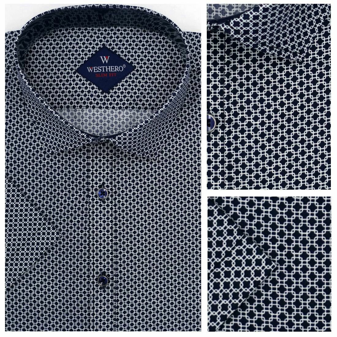 Рубашка приталенная с коротким рукавом мужская рубашка, темная сорочка, на пуговицах, рубаха на любой сезон, синяя с принтом, без карманов, летняя рубашка