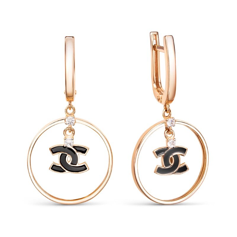 Серьги, золото, 585 проба, эмаль, фианит