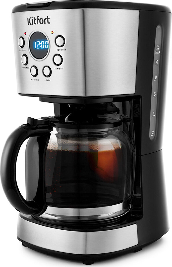 Кофеварка капельная Kitfort КТ-728 черный/серебристый, мощность 900Вт, используется молотый кофе, объем резервуара для кофе 1.5л