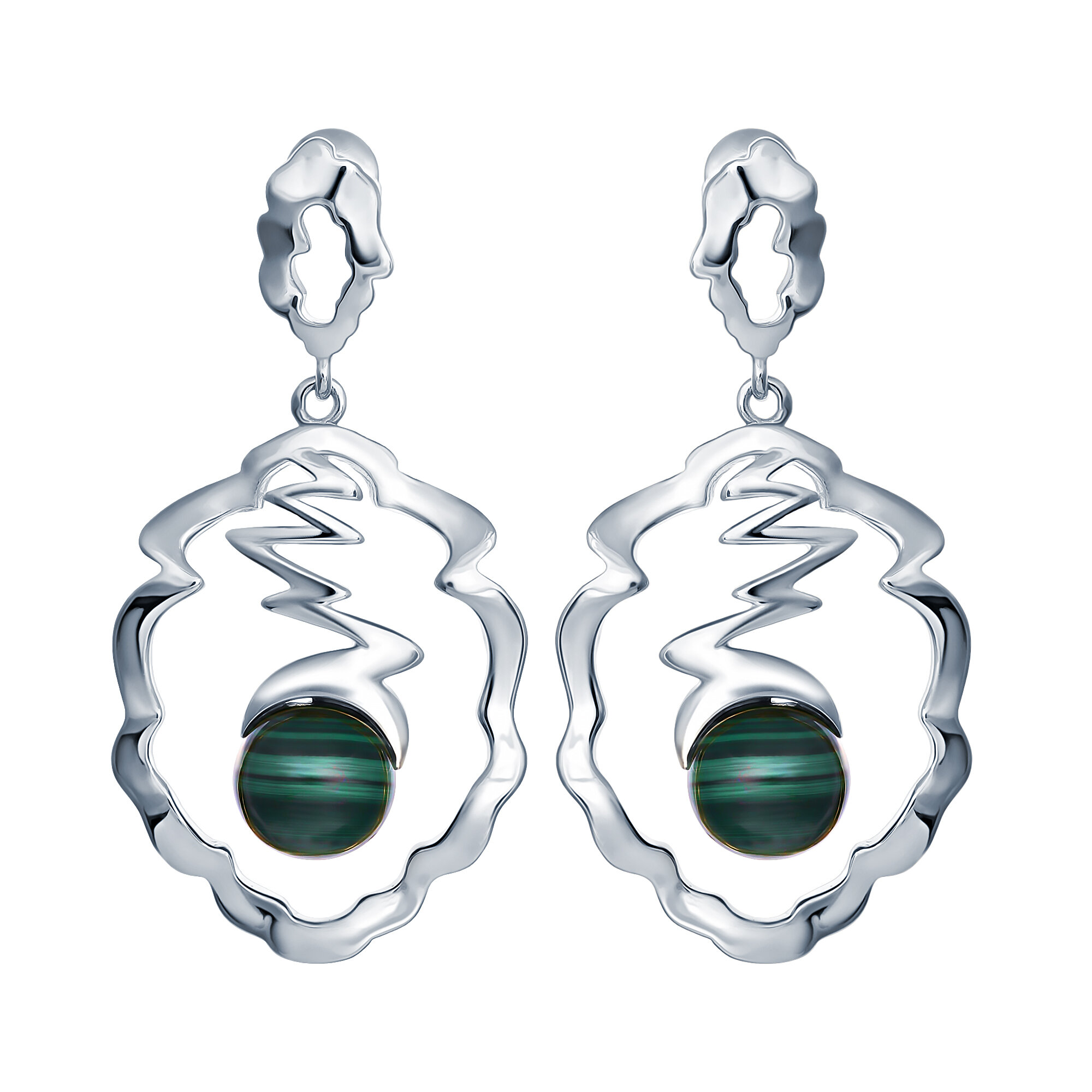 Серьги, серебро, 925 проба, малахит