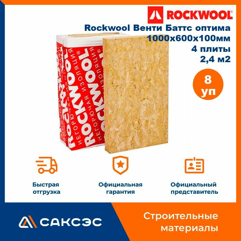 Утеплитель Rockwool Венти Баттс оптима, 1000х600х100мм, 4 плиты, 2,4 м2, 8 упаковок