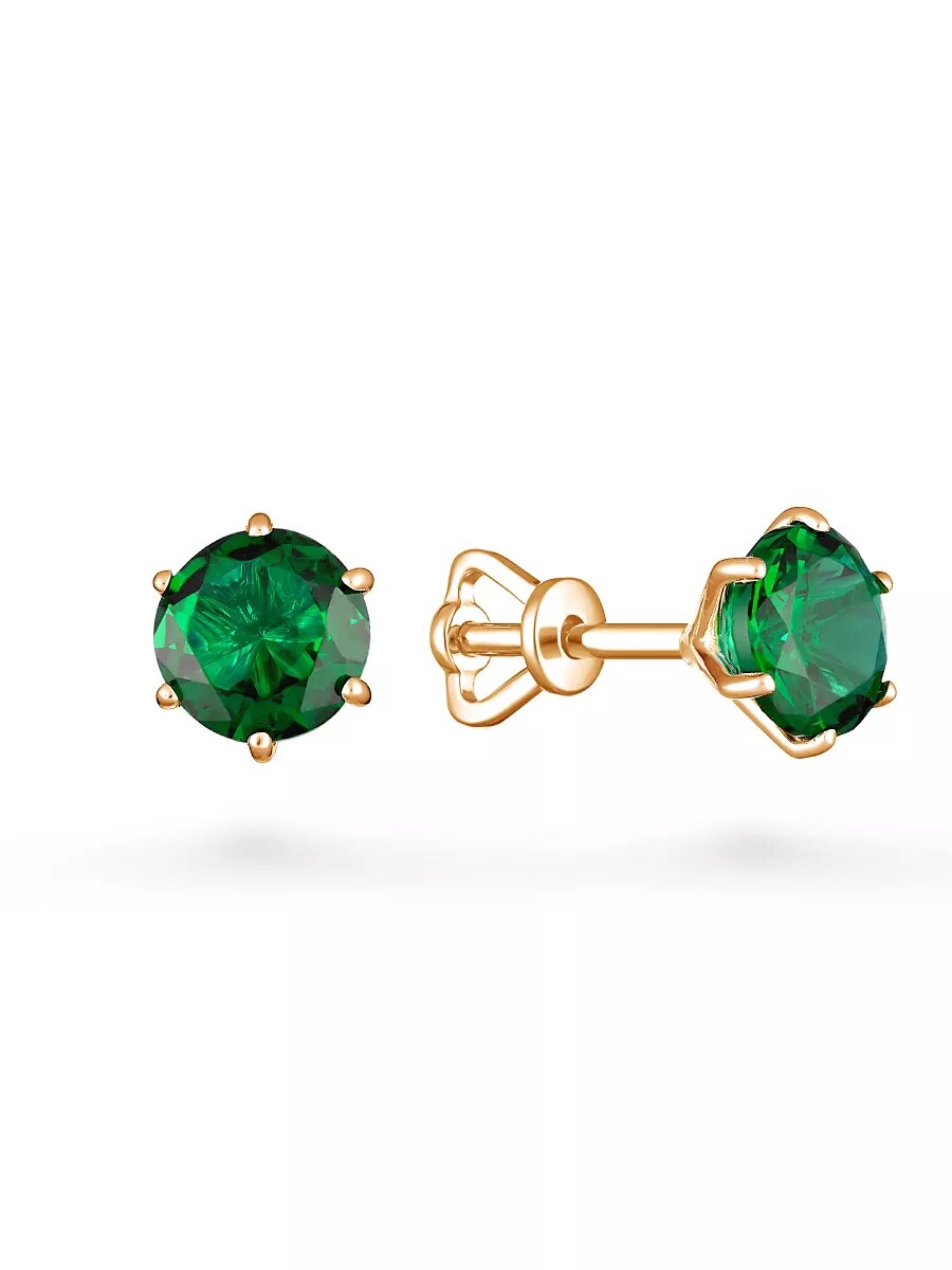 Серьги пусеты, красное золото, 585 проба, бриллиант, изумруд синтетический, изумруд