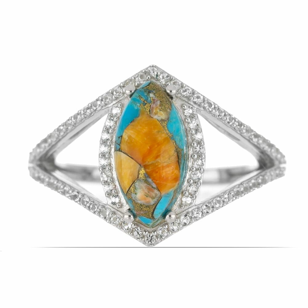 Кольцо, серебро, 925 проба, родирование, бирюза, топаз