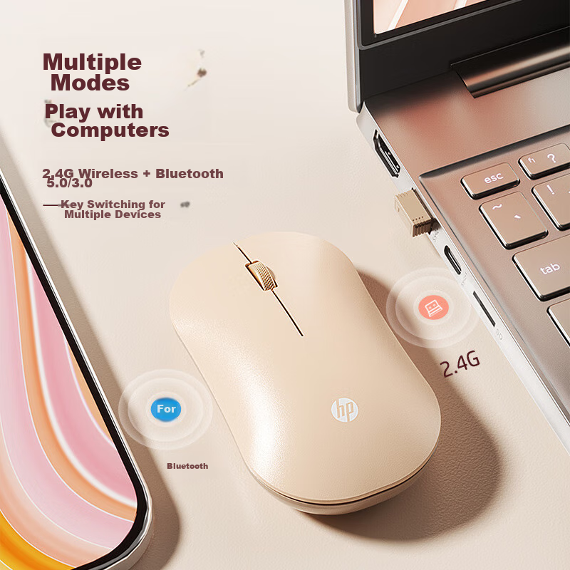 HP DM10 Wireless Bluetooth Dual-Mode Mouse, Business Office Wireless Mouse, Apple Laptop Micro-Sound Bluetooth Portable Wireless Mouse, Milk Tea Color