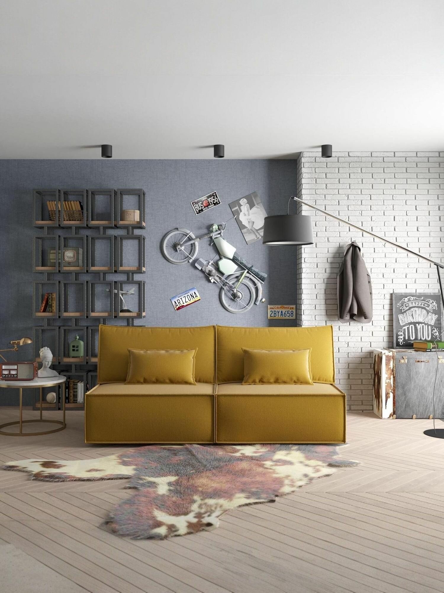 Прямой диван Manons Maison Hygge Short, раскладной механизм Еврокнижка (Тик-так), Рогожка желтый, 200х100х86 см