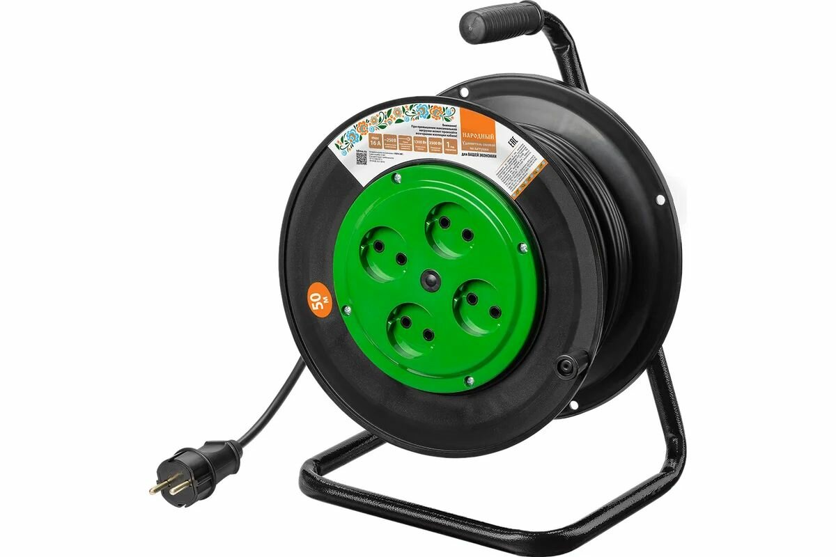 Удлинитель на катушке силовой 4 гнезда ПВС 3500 Вт б/з, 50м УС1-43131 Народный