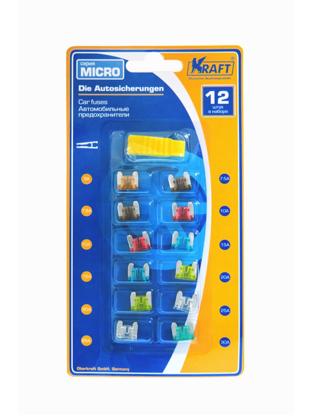 Предохранители флажковые Micro KRAFT 12 шт, 1х5А,2х7,5А,2х10А,2х15А,2х20А,2х25А,1х30А с пинцетом