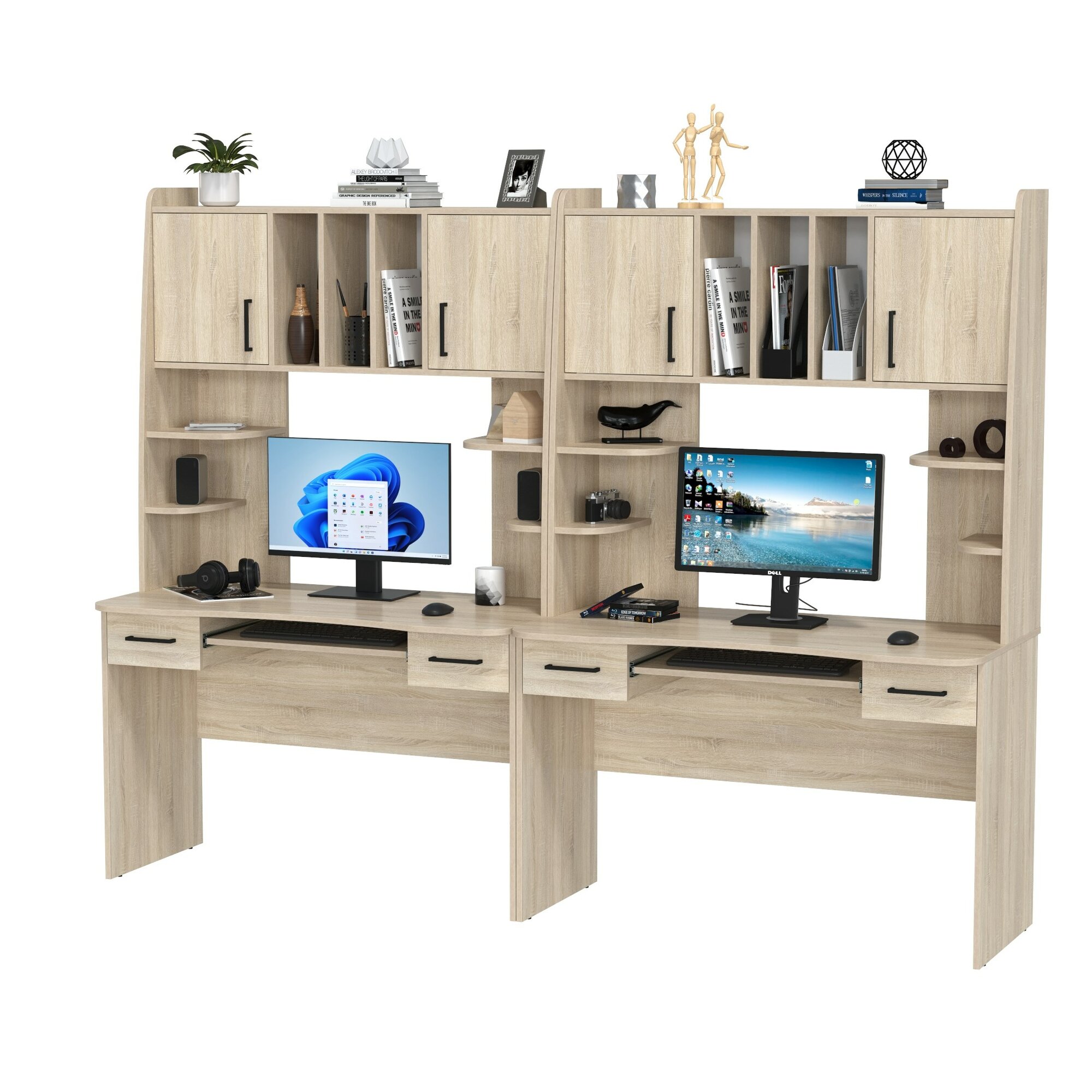 Компьютерные столы Бета для двоих человек, дуб сонома, 240х60,5х183,5 см.