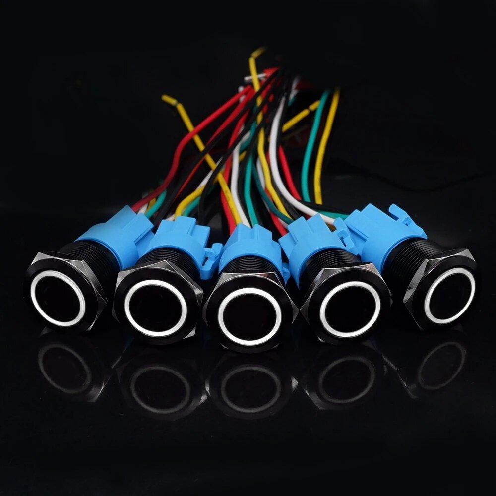 5 шт. черный кнопочный переключатель с проводом, водонепроницаемая металлическая защелка с подсветкой, мгновенная 5 В, 12 В, 220 В, светодиодная лампа 16/19/22 мм, красный