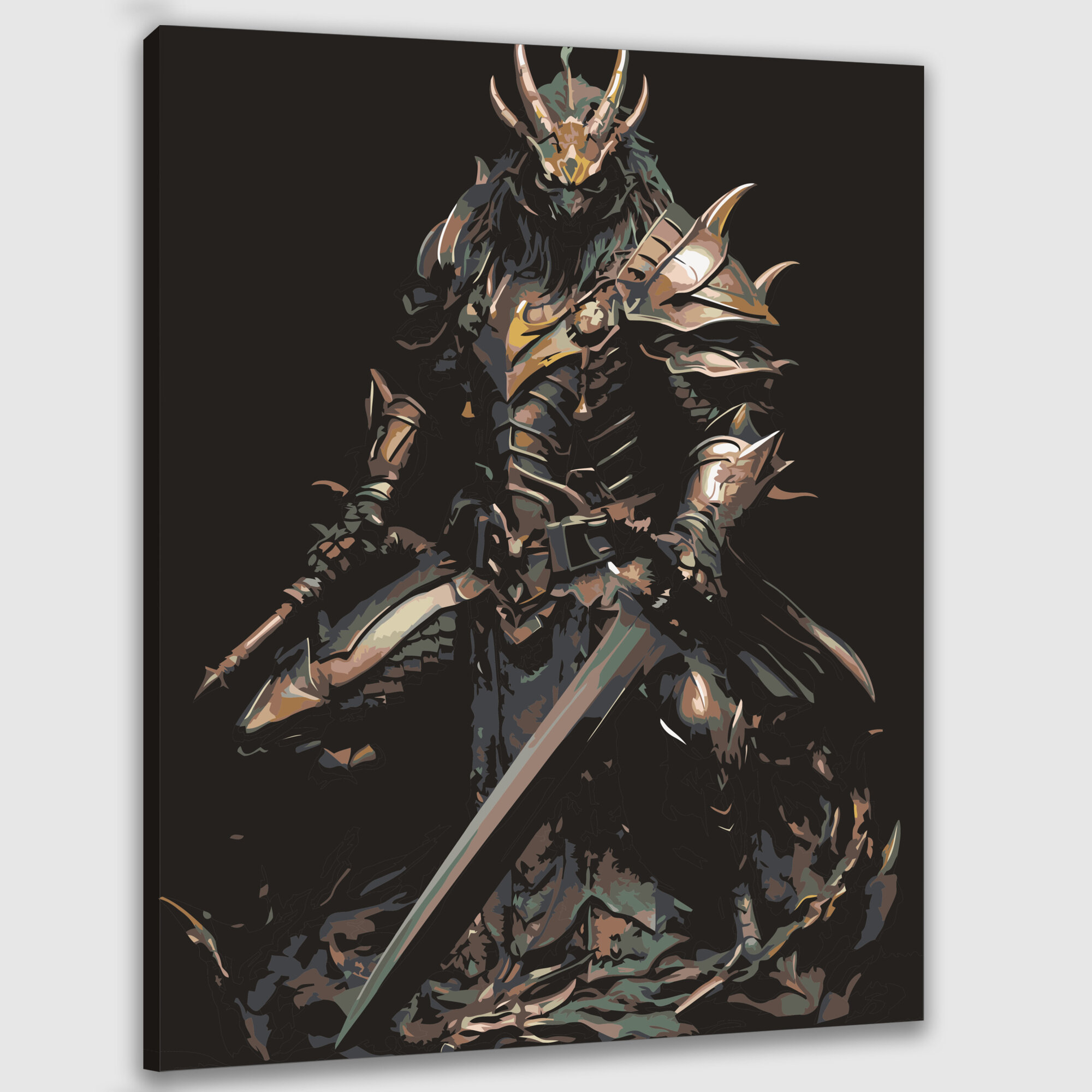 Картина по номерам 40x50 см, скульптура, охотник, дракон, бронза, сила, мужество, воин, доспехи, меч, грозный враг