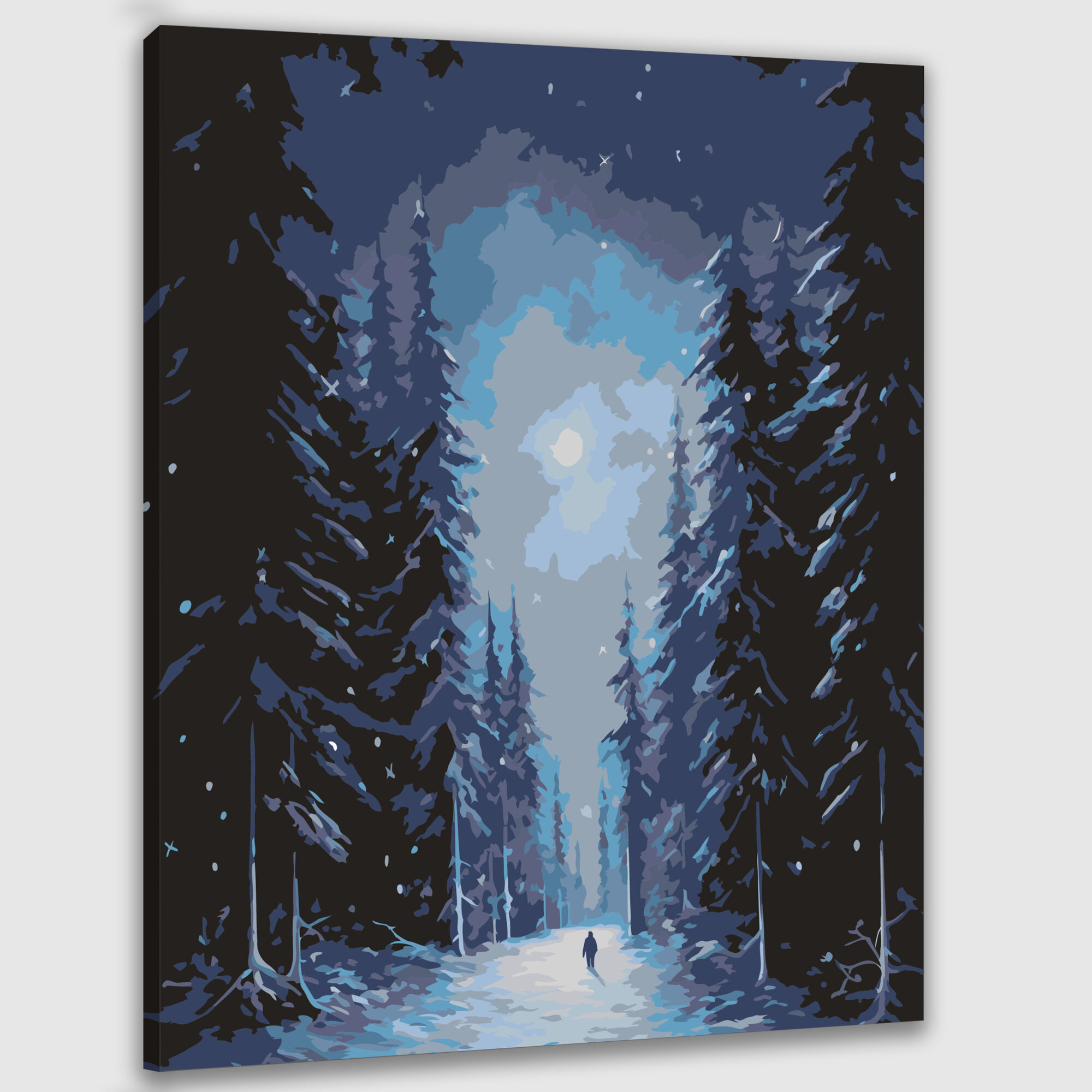 Картина по номерам 40x50 см, картина маслом, заснеженная лесная поляна, звездная зимняя ночь, одинокая фигура