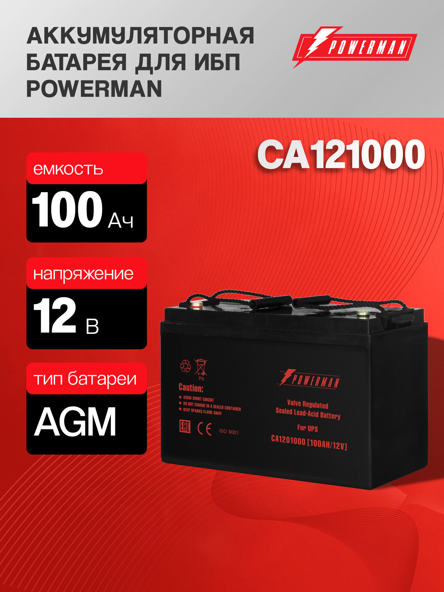 Аккумуляторная батарея для ИБП POWERMAN CA121000, 12В на 100 Ач (UPS 12V 100AH)