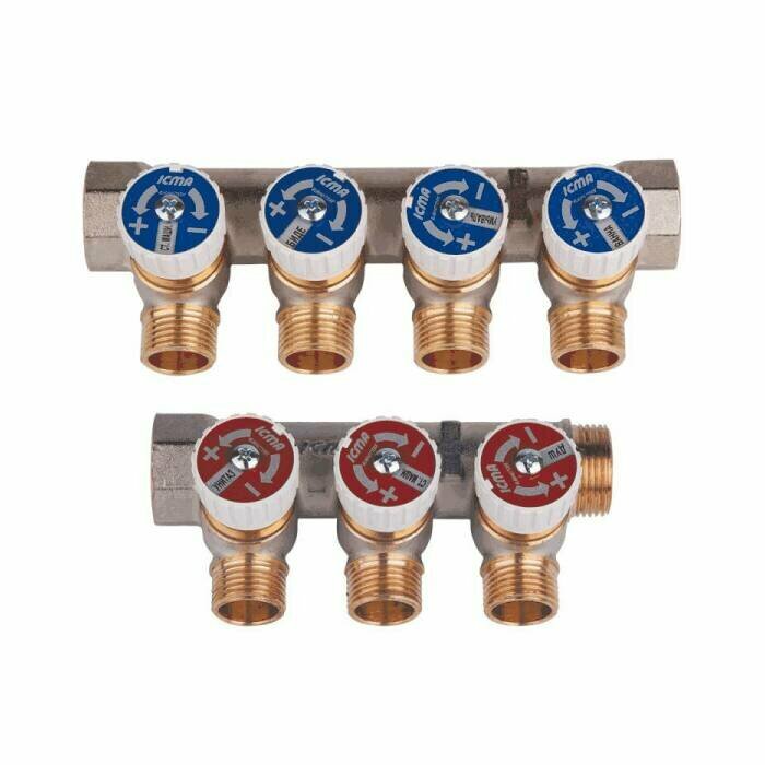 Коллектор латунь 3/4" ВР/НР на 2 вых 1/2" НР м/о 37мм с запорно-регулирующими клапанами Icma 87227PA06