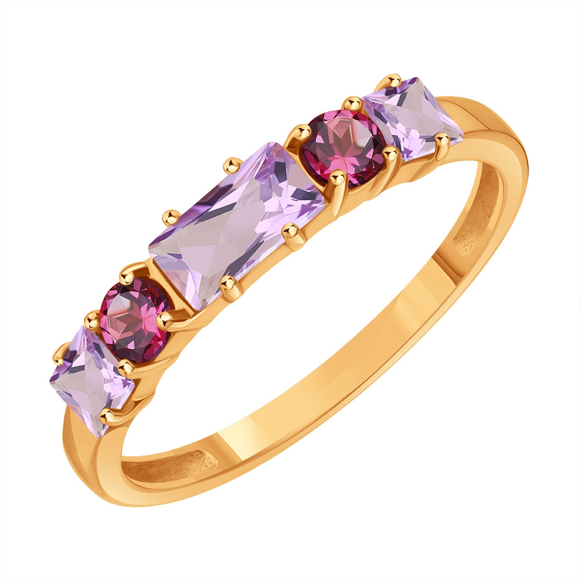 Кольцо, красное золото, 585 проба, аметист, родолит