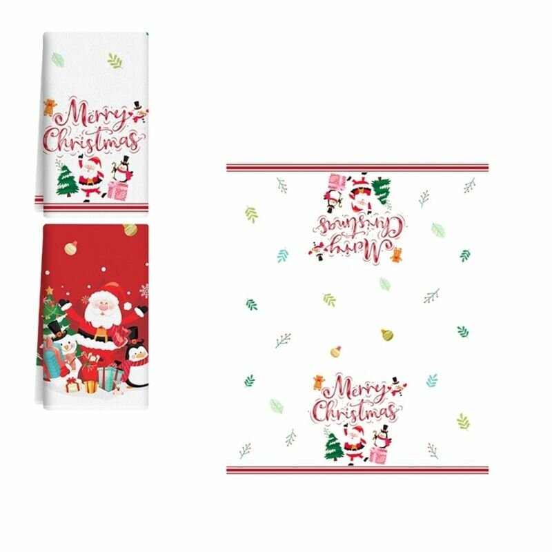 2 Рождественских кухонных полотенца-Рождественское кухонное полотенце с пингвином и снежным старичком