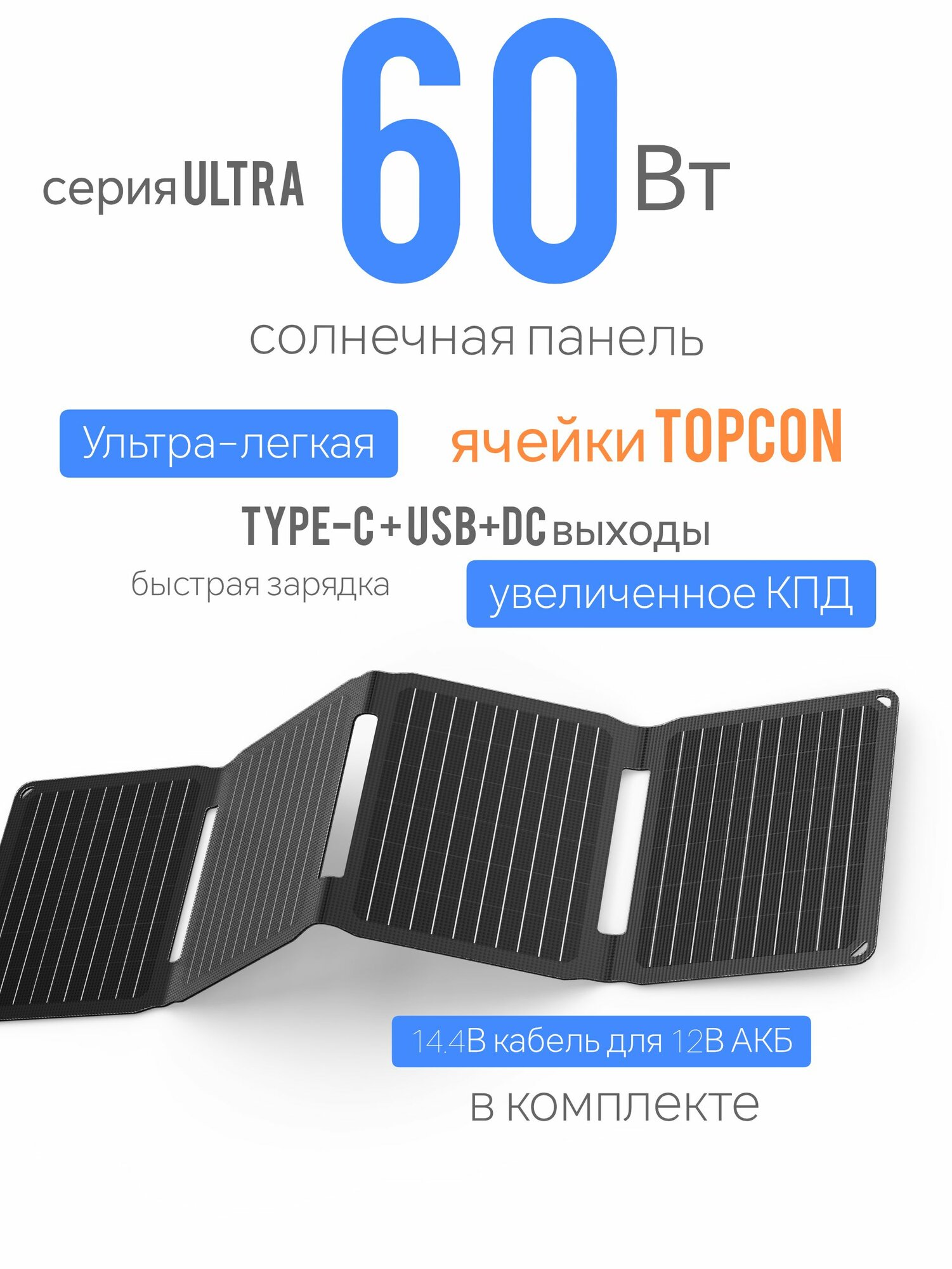 Солнечная батарея панель 60Вт быстрая зарядка TypeС, ETFE для телефона, повербанка, ноутбука air, rs500 r600