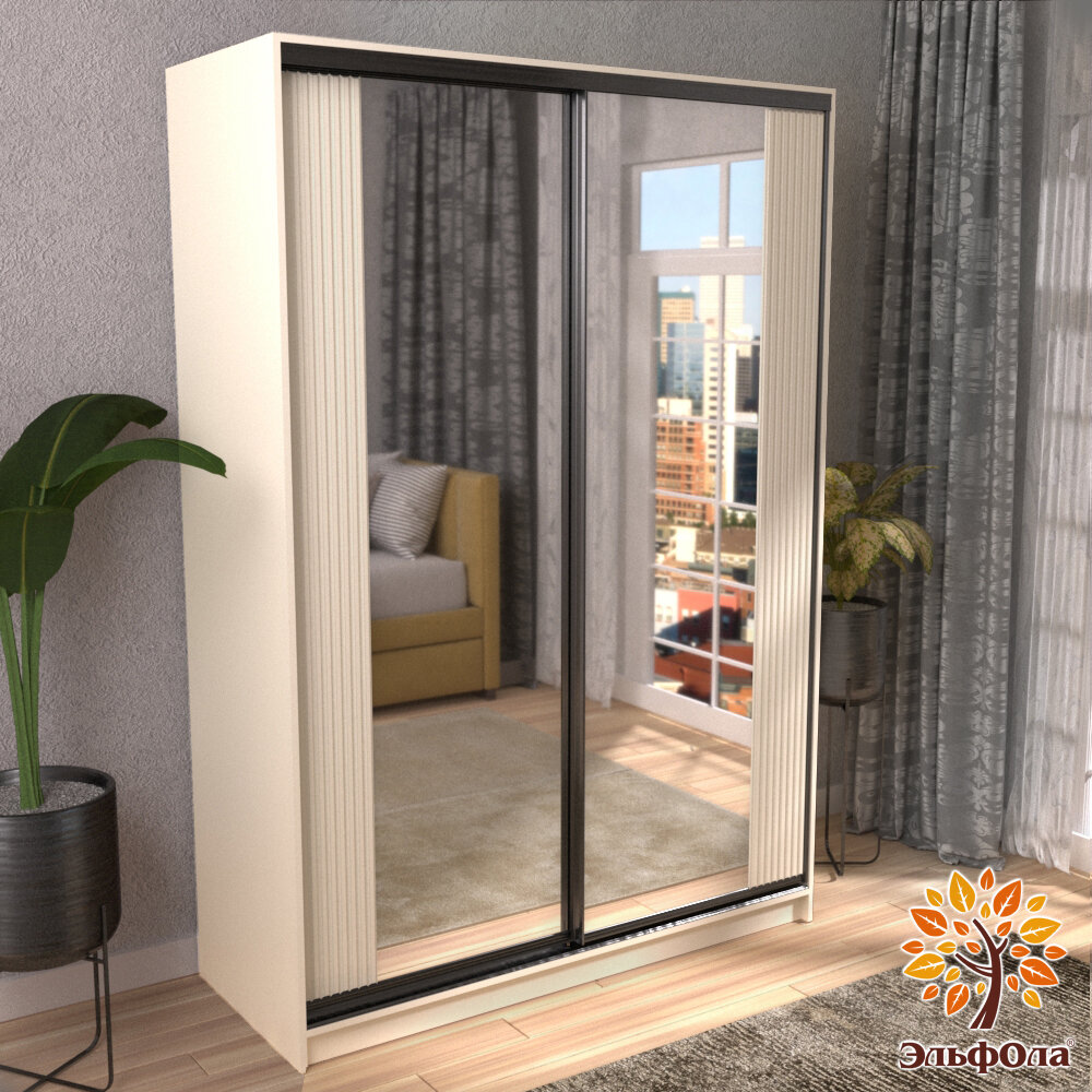 ЭльфОла Шкаф-купе "Вертикаль" 180х60х220 см, цвет слоновая кость/черный/накладка слоновая кость, с зеркалом, для одежды, двухдверный