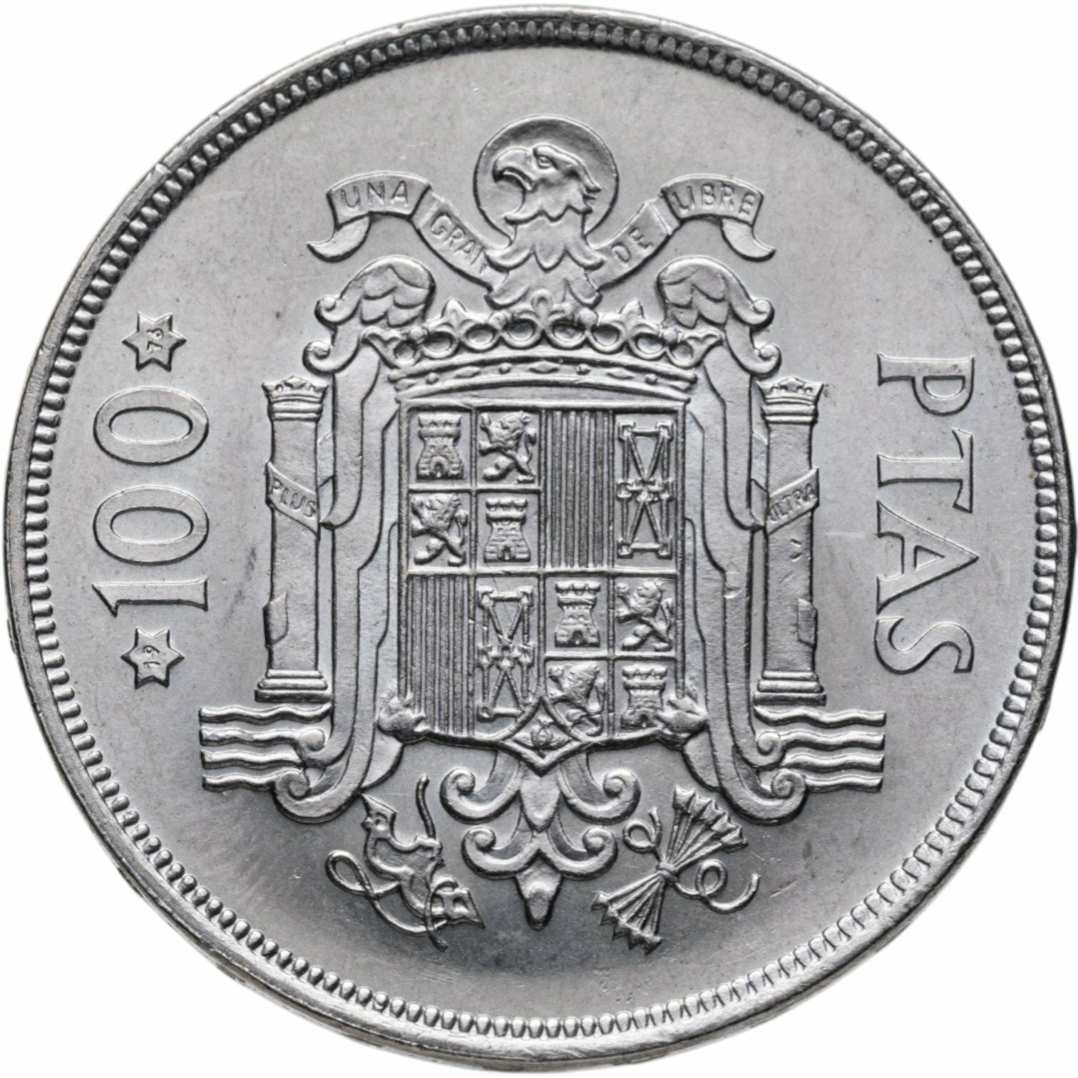 Испания 100 песет pesetas 1975, 1976 внутри звезд, Мельхиор медь-никель, в сохранности UNC