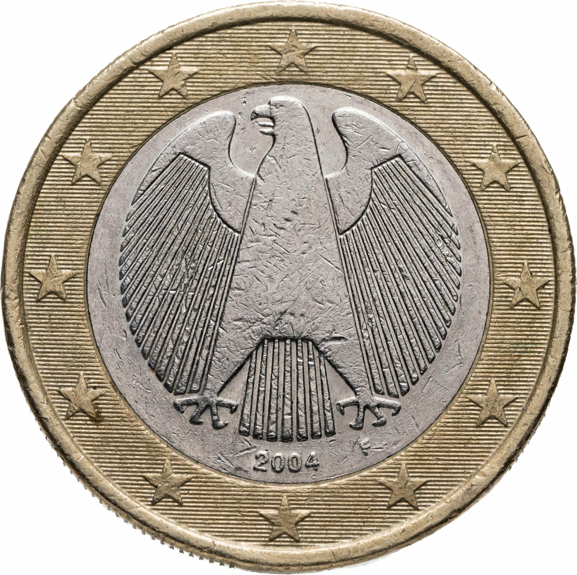 Германия 1 евро euro 2004, знак монетного двора: "F" - Штутгарт, Биметалл, в сохранности VF