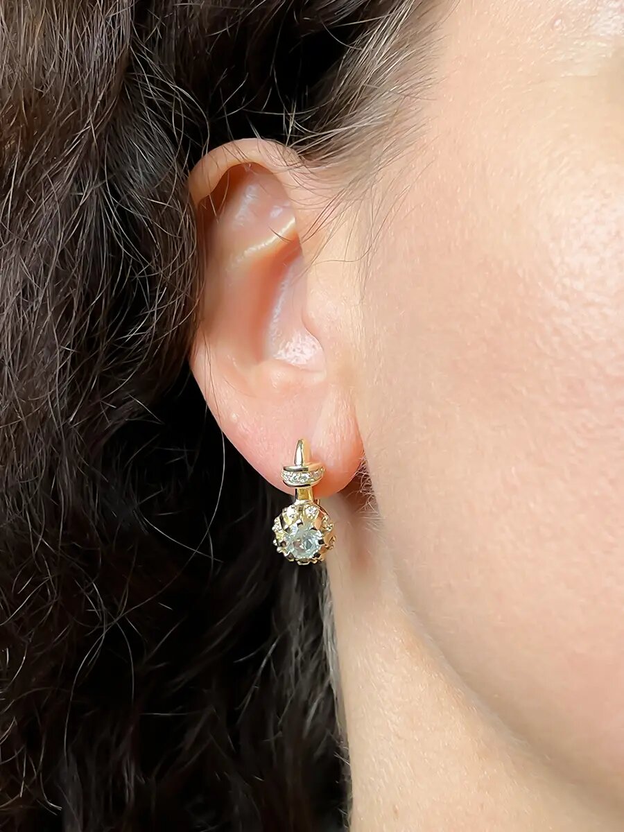 Серьги, желтое золото, 375 проба, аквамарин, бриллиант