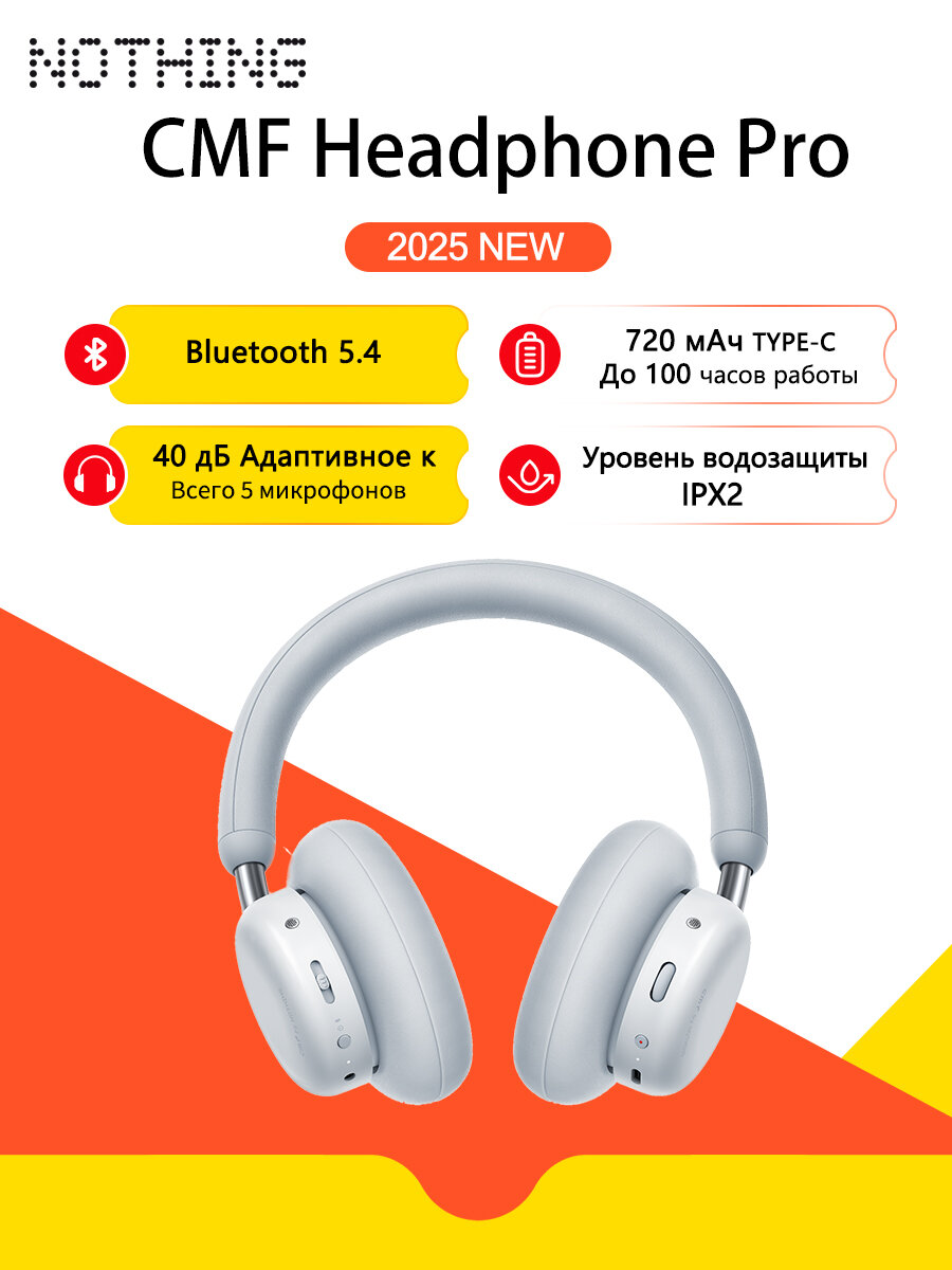 Наушники Nothing CMF Headphone Pro, 720mAh,40dB ANC, BT5.4, Светло-серый