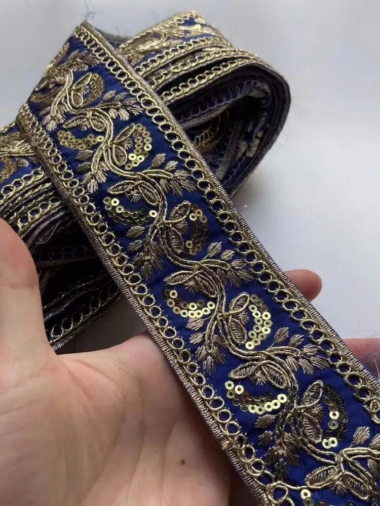 Пайетки этнос ракушка Тесьма, 5 см, 2 метра , с народным узором, для декора, рукоделия и творчества, синий