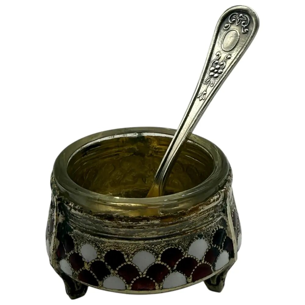 Солонка "Чешуйки" с ложечкой, МНЦ, эмаль, 0ЮММЕТ, 1960 г, фабрика "Ювелир", Мстера, СССР