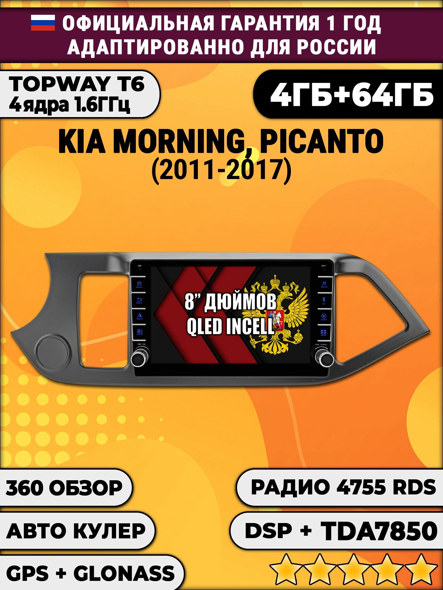 4гб+64гб с DSP и 360 для KIA MORNING (2011-2017) PICANTO (2011-2017), Android магнитола с DSP и усилителем TDA7850