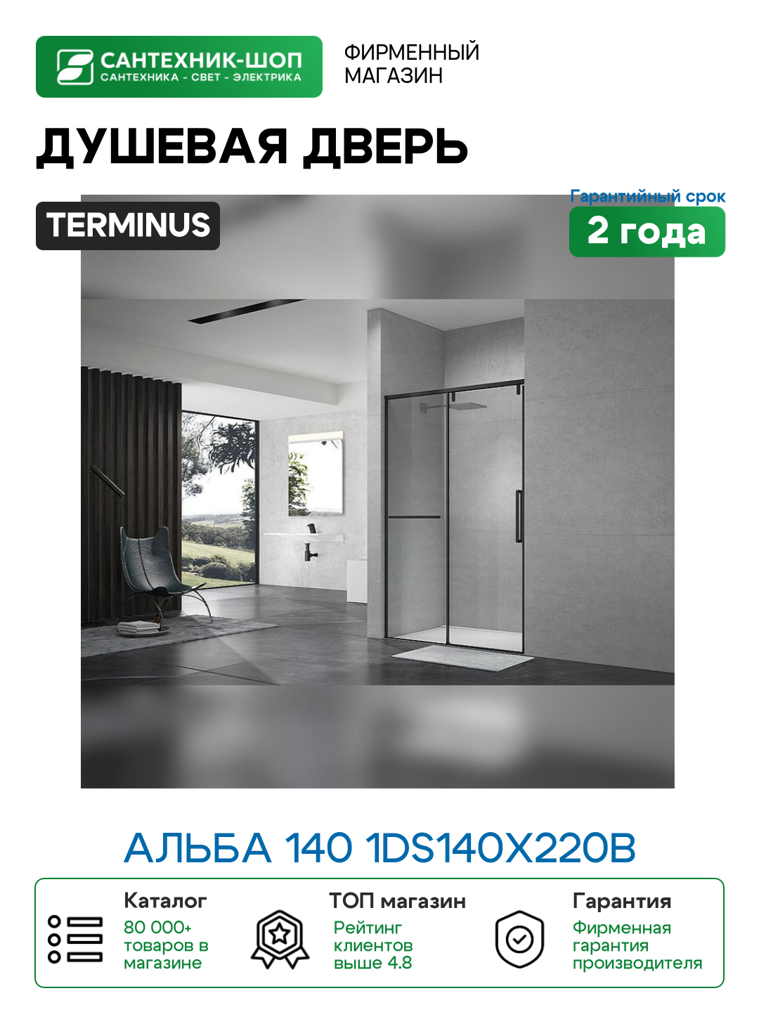 Душевая дверь Terminus Альба 140 1DS140х220B профиль Черный матовый стекло прозрачное