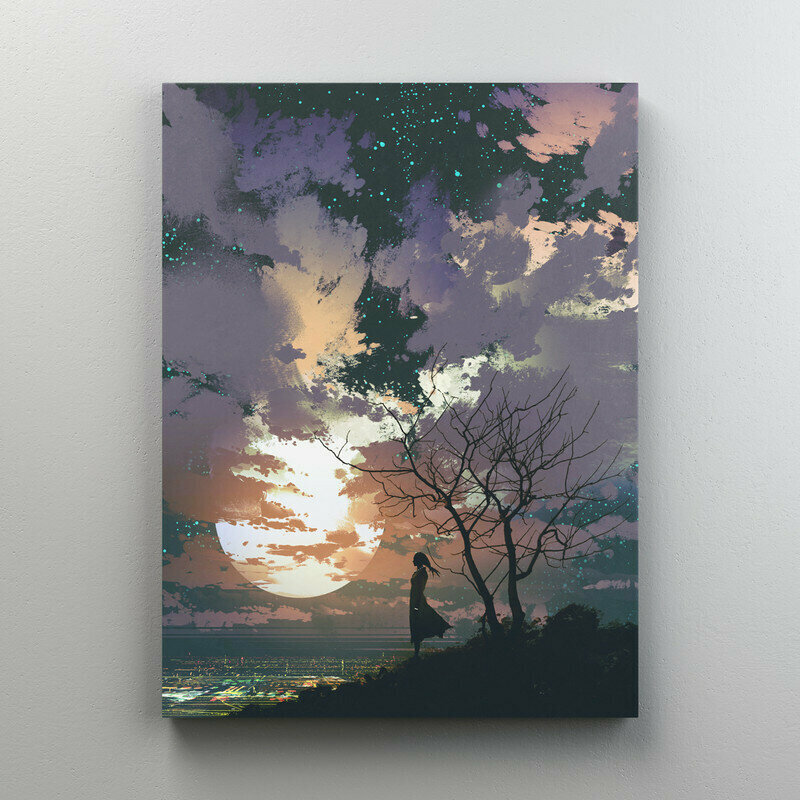 Интерьерная картина на холсте "Девушка, стоящая на вершине горы на фоне неба с луной" размер 45x60 см