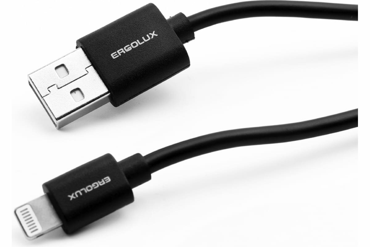 Кабель для зарядки телефонов USB-Lightning, ERGOLUX ELX-CDC03P-C02, 2 А, 1 м, цвет: черный, пакет.