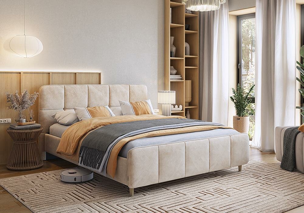 Кровать двуспальная мягкая Нонтон Грета, 160x200 см, велюр бежевая