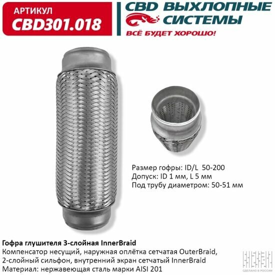 Гофра глушителя 3-слойная Cbd InnerBraid 50-200, 301.018